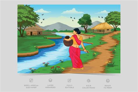Indian Village Scenery Drawing
