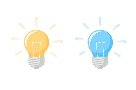 노란색과 파란색 전구 램프 플랫 아이콘 밝은 광선이 빛나는 세트 에너지 혁신과 창조적 인 아이디어 기호는 흰색 배경에 고립 벡터 일러스트레이션 0명에 대한 스톡 벡터 아트