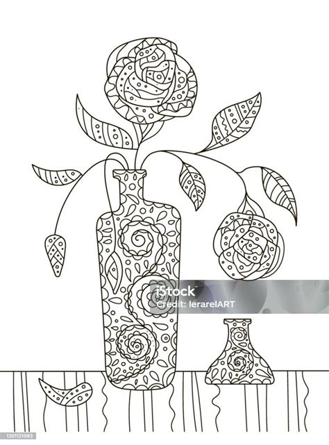 어린이와 성인을위한 손으로 그리기 색칠 공부 책 창의성에 대 한 작은 세부 사항으로 아름 다운 패턴 안티 스트레스 장식 은 꽃병에 꽃과 함께 여전히 생활 색칠 페이지 꽃과
