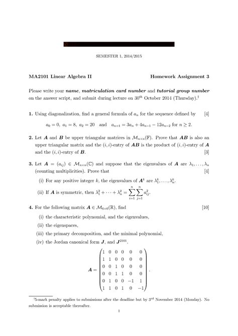 Be Upper Triangular Matrices National University Of Singapore Semester 1 2014 Ma2101 Linear