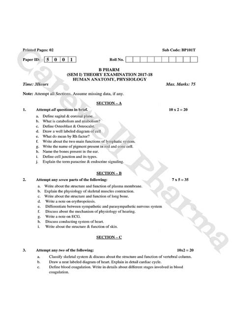Human Anatomy And Physiology 1 1st Sem Previous Year Question Paper Pdf