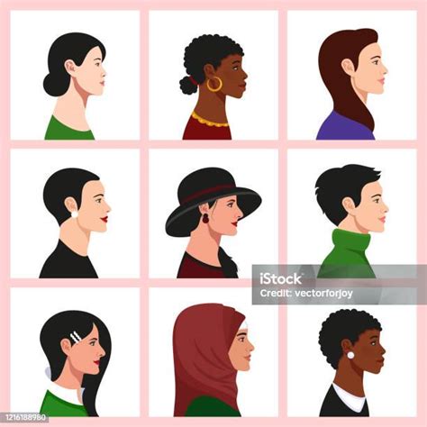 세련된 아름다운 여성 프로필 초상화 아바타 세트 아시아 아프리카 유럽 무슬림 미국 성숙한 젊은 종교 벡터 일러스트레이션 아프로 머리에 대한 스톡 벡터 아트 및 기타 이미지