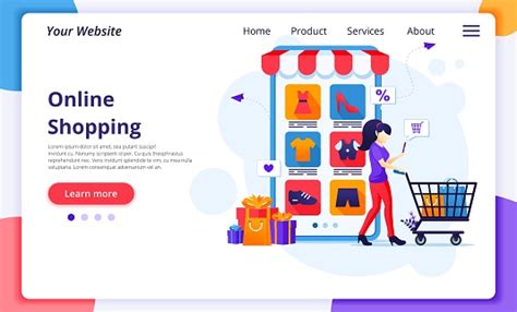 온라인 쇼핑 컨셉 모바일 애플리케이션 스토어에서 상품을 구매하는 쇼핑 카트를 가진 젊은 여성 웹 사이트 및 모바일 개발을위한