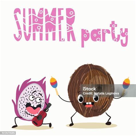 재미있는 캐릭터의 벡터 일러스트레이션 만화 피타하야 피타하야 드래곤 과일 기타 연주 우쿨렐레 코코넛은 마라카스를 연주합니다 여름 파티 레터링 건강한 생활방식에 대한 스톡