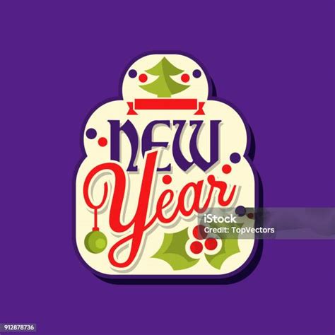 새 해 인사 카드 또는 스티커 크리스마스 나무 볼 홀리 나뭇잎과 열매 겨울 휴가 축제 복고풍 스타일 템플릿 레이블 평면 벡터 일러스트 레이 션 녹색에 대한 스톡 벡터 아트