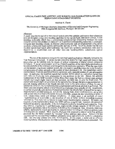 Pdf Optical Carry Free Addition And Borrow Free Subtraction Based On Redundant Signed Digit