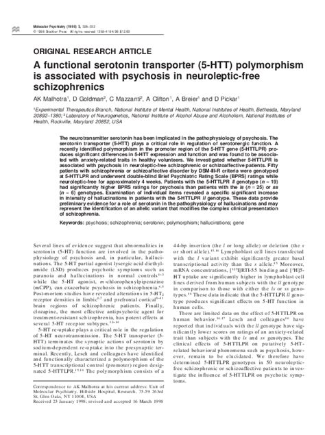 Pdf A Functional Serotonin Transporter 5 Htt Polymorphism Is