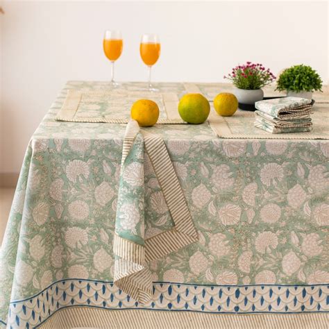 Sage Green Floral Tablecloth Block Printed Tablecloth Cotton Etsy