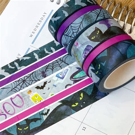 Halloween Spooky Witches Cats And Bats Scary Black And Purple Washi Tape