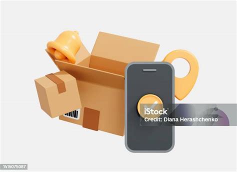 휴대 전화를 통한 3d 온라인 추적 배달 골판지 상자에 배달된 주문 체크 표시 및 알림 개념이있는 스마트 폰 흰색 배경에 고립 된 만화 창조적 인 아이콘 3d 렌더링 배달에