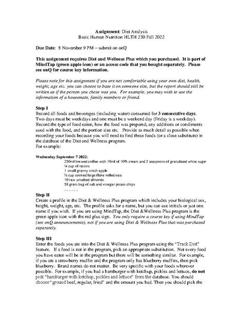 Hlth 230 Fall 2022 Assignment To Post Assignment Diet Analysis