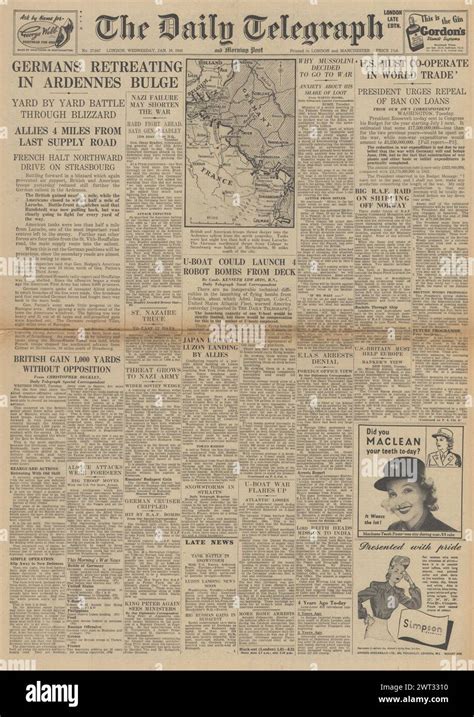 1945 The Daily Telegraph Front Page Reporting Battle Of The Bulge Stock