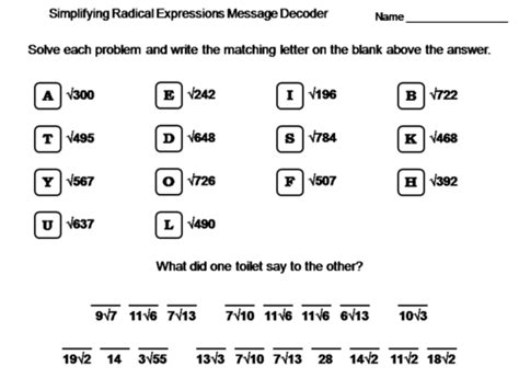 Simplifying Radical Expressions Worksheet Math Message Decoder