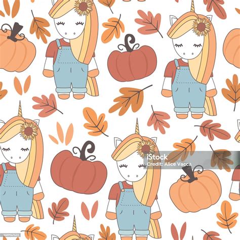 귀여운 손으로 그린 만화 캐릭터 유니콘 호박과 가을 나뭇잎 가을 원활한 벡터 패턴 배경 그림 0명에 대한 스톡 벡터 아트 및 기타 이미지 Istock