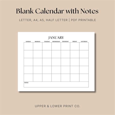Simple Blank Calendar With Notes Monthly Planner Year Planner