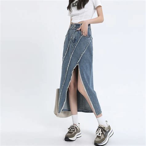 원시 밑단 분할 중간 길이 데님 스커트 여성 여름 아메리칸 스트리트 캐주얼 A 라인 핫 걸 롱게트 스커트 Aliexpress