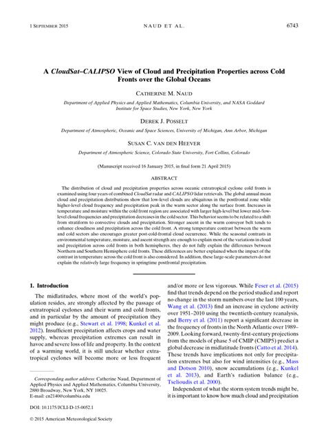 Pdf A Cloudsat Calipso View Of Cloud And Precipitation Properties Across Cold Fronts Over The