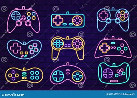 Vector Neon Glow Game Controller Gamepad Icons Set Colored Outline Joysticks Elements Flat
