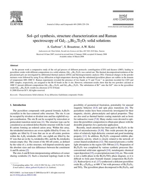 Pdf Sol Gel Synthesis Structure Characterization And Raman Spectroscopy Of Gd2−2xbi2xti2o7