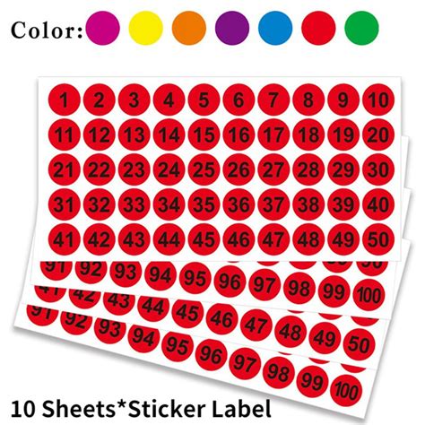 10 Sheetspack Numbered Sticker Labels 1 To 100 Number Office Storage
