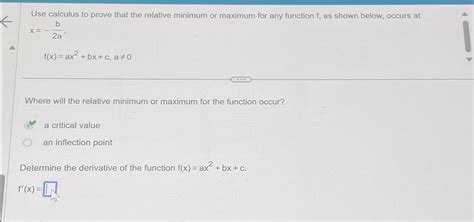 Solved Use Calculus To Prove That The Relative Minimum Or
