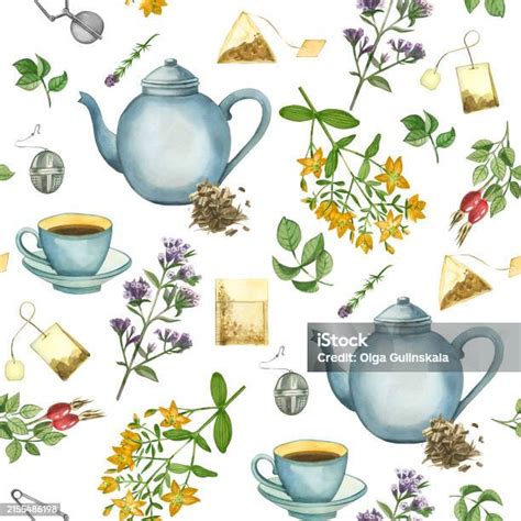 차를 테마로 한 수채화 패턴입니다 찻주전자 차 한 잔 찻잎 초원 허브 티백 양조용 여과기 모든 것이 수채화로 손으로 그려져 있습니다 포장에 인쇄를 위해 디자인 Tea