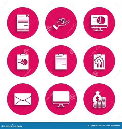 Set Document Computer Monitor Screen Money Bag And Coin Clipboard