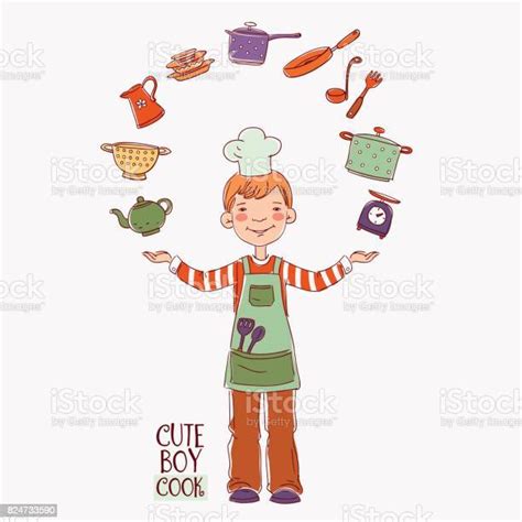 흰색 바탕에 균일 한 요리사에서 귀 엽 고 웃는 소년 주방 용품 세트와 작은 아이 쿡 음식 준비에 대한 스톡 벡터 아트 및 기타 이미지 음식 준비 요리사 아이
