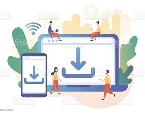 다운로드 개념입니다 설치 기호 작은 사람들은 스마트 폰과 노트북에서 데이터 파일을 다운로드합니다 로드 기호 현대 평면 만화 스타일입니다 흰색 배경에 벡터 그림 개념에 대한