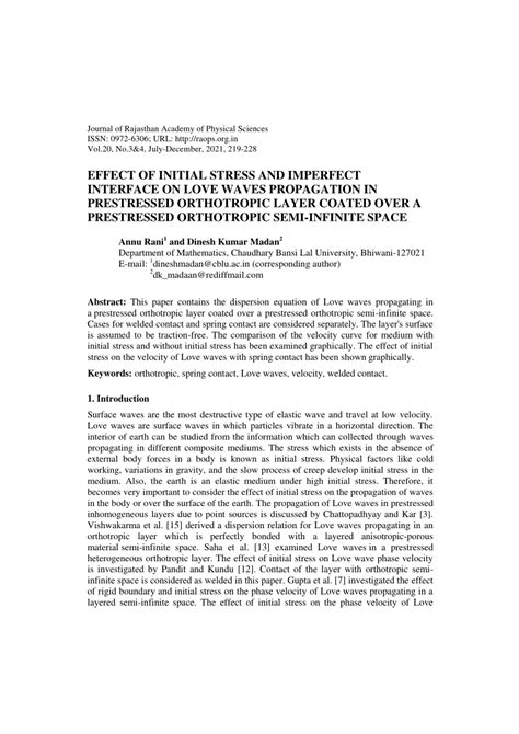 Pdf Effect Of Initial Stress And Imperfect Interface On Love Waves Propagation In Prestressed