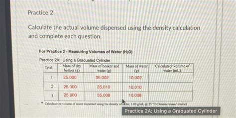 Practice 2 Calculate The Actual Volume Dispensed Using The Density