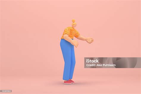 황금빛 머리를 가진 여자는 파란색 코듀로이 바지와 흰색 줄무늬가 있는 주황색 티셔츠를 입고 롤빵에 묶여 있습니다 그녀는 말할 때 손의 표현입니다 연기에서 만화 캐릭터의 3d