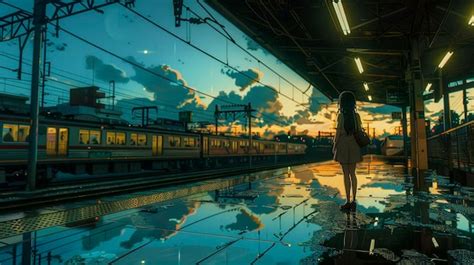 Young Anime Girl Awaits Train At Wet Platform On Rainy Morning In Tokyo
