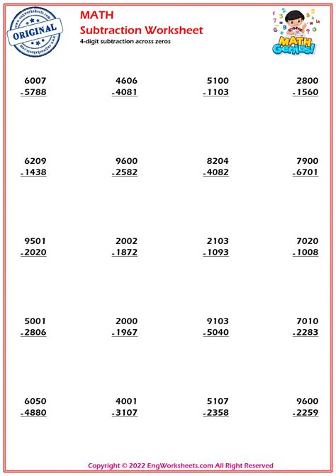 4 Digits Subtraction Across Zeros Worksheets And Exercise Engworksheets
