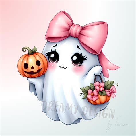 Cute Pink Ghost Png Halloween Png Ghost With Coquette Bow Autumn