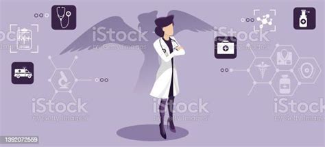 의학 및 건강 관리의 개념 평면 스타일의 의료 아이콘 배경에 천사 그림자가있는 여성 의사 Eps 10 형식의 그래픽 벡터 일러스트레이션 십자형에 대한 스톡 벡터 아트 및