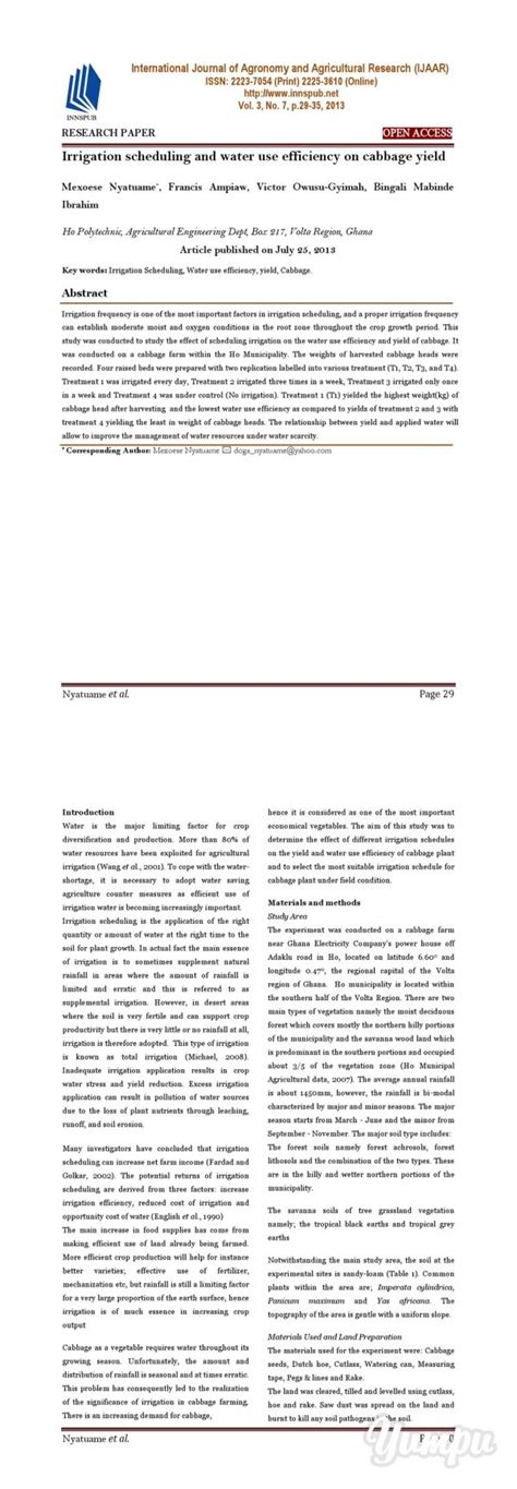 Irrigation Scheduling And Water Use Efficiency On Cabbage Yield