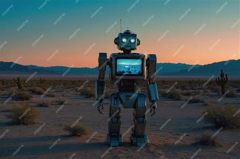 Futuristic Robot In Desert Twilight Premium Ai Generated Image