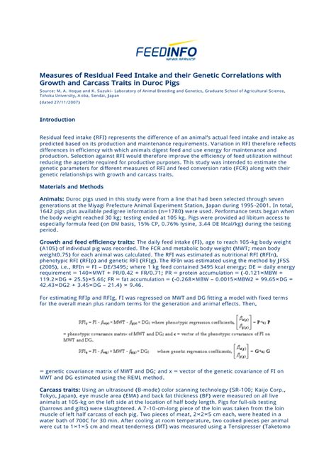 Pdf Measures Of Residual Feed Intake And Their Genetic Correlations With Growth And Carcass