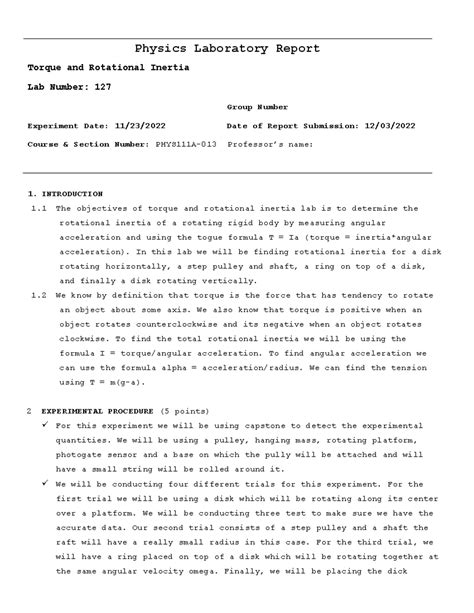 Lab Torque And Rotational Inertia A Physics Laboratory Report Torque And Rotational