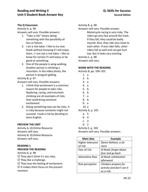 Reading And Writing Student Book Answer Key Unit 5