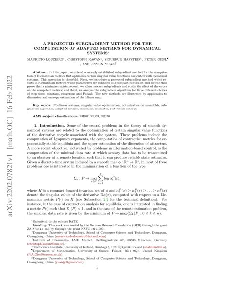 Pdf A Projected Subgradient Method For The Computation Of Adapted Metrics For Dynamical Systems