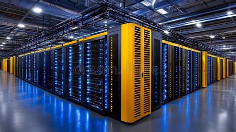 Modern Data Center Rows Of Network Server Racks Complex Cabling And Blue Led Lighting Stock
