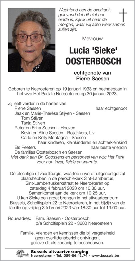 Lucia Sieke Oosterbosch † 30 01 2023 Inmemoriam