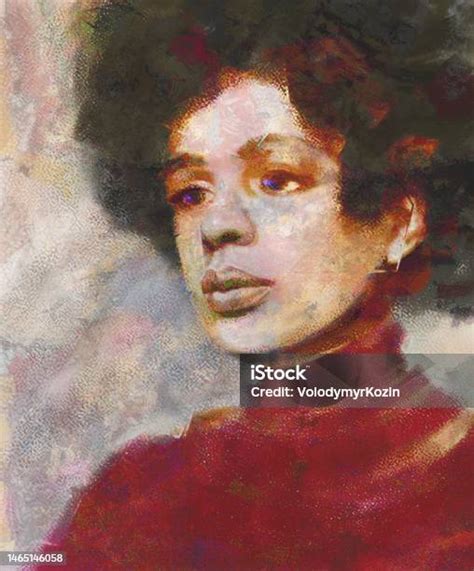 두꺼운 검은 머리 복고풍 스타일을 가진 흑인 여성의 그림 같은 초상화 회화에 대한 스톡 벡터 아트 및 기타 이미지 회화