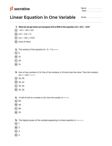 Quiz Linear Equation In One Variable Pdf Physics Science