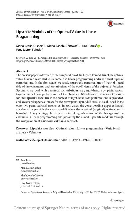 Lipschitz Modulus Of The Optimal Value In Linear Programming Request Pdf