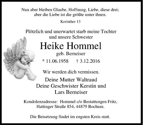 Traueranzeigen Von Heike Hommel Trauer In Nrw De
