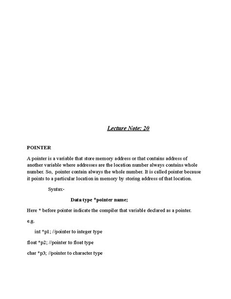 Lecture Note 10 C Notes Lecture Note 20 Pointer A Pointer Is A Variable That Store Memory
