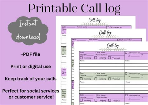 Printable Call Log Client Tracker Log Call Log Template Conversation Record Sheet Purple